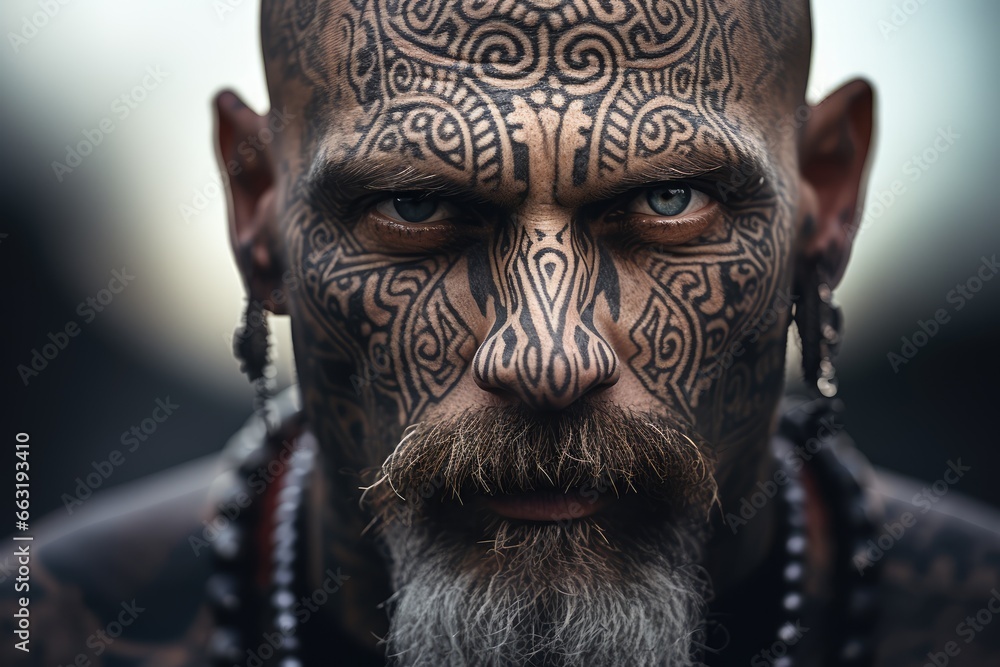 Man with intricate facial tattoos, portraying masculinity's varied and ...