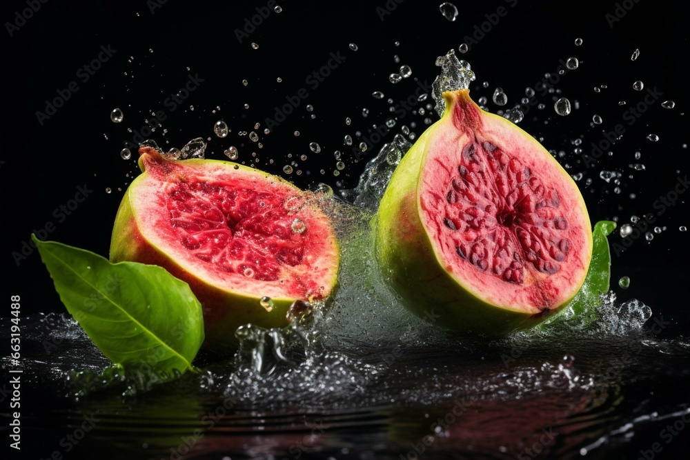 Two guava fruits, one whole and one slice, with water splash on dark ...