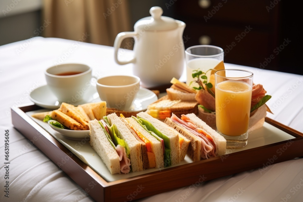 hotel room service tray with sandwiches and coffee Stock Photo | Adobe ...