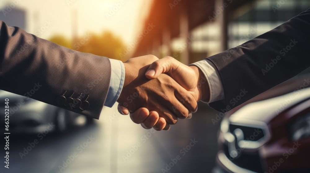 car dealership, shaking hands as they finalize a deal on a new car ...