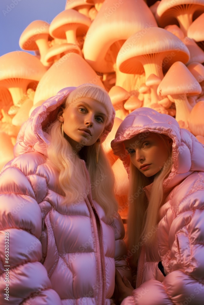 Foto De Amidst A Wintry Wonderland Two Stunning Women Don Pink Puffy