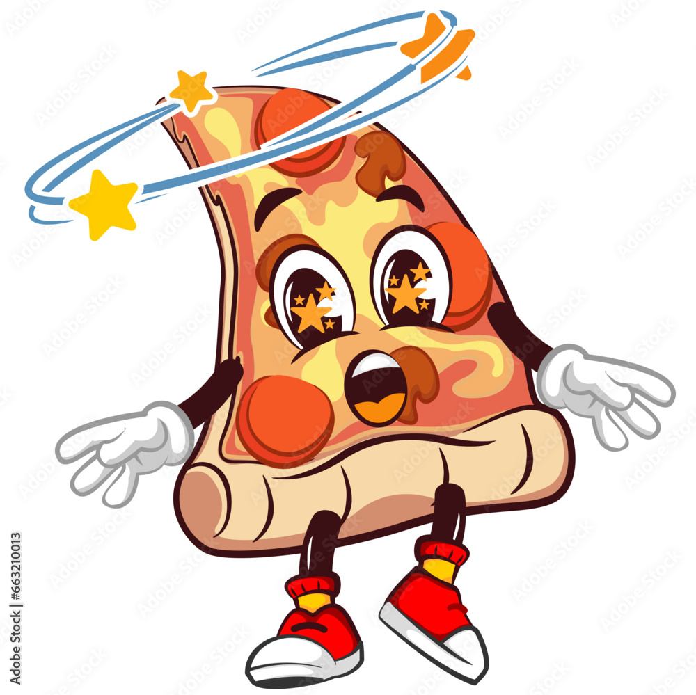 Cute slice of pizza character with dizzy and drunk funny face mascot ...