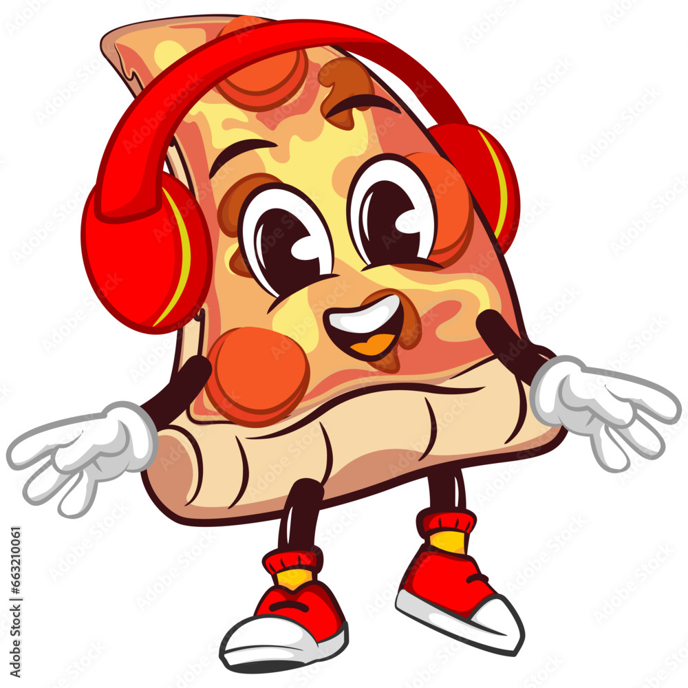 Cute slice of pizza character with funny face mascot wearing headset ...
