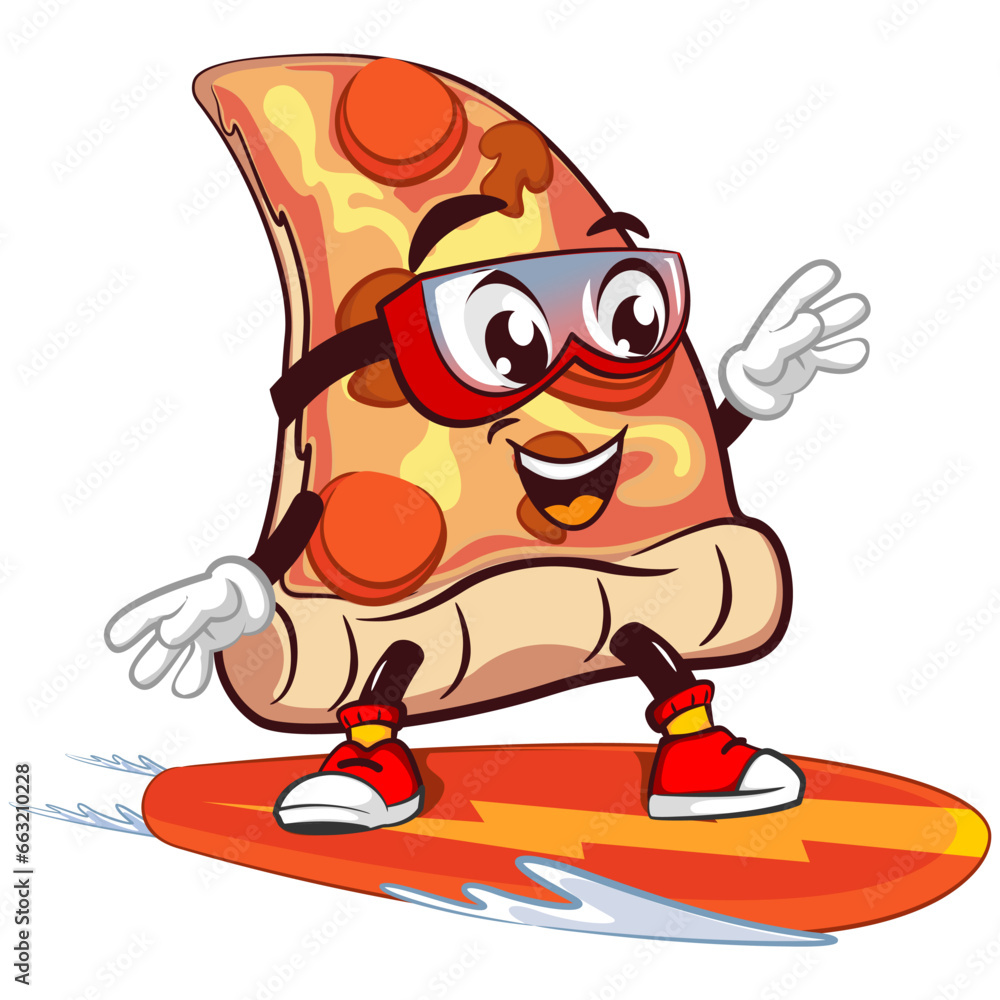 Cute slice of pizza character with funny face mascot surf with ...
