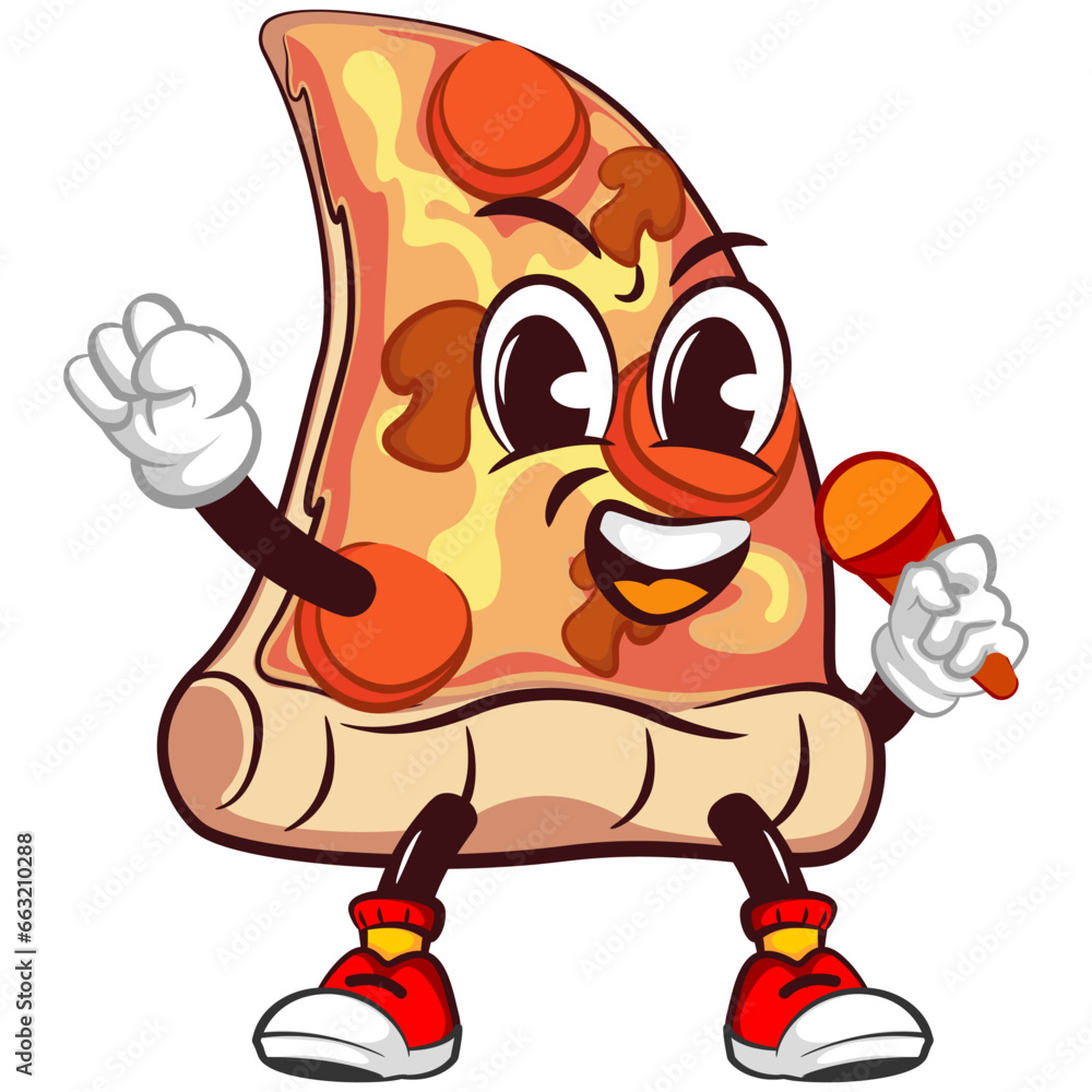 Cute slice of pizza character with funny face mascot singing using mic ...
