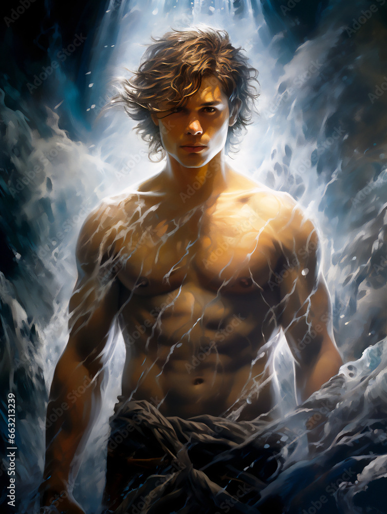 Painting of a Youthful Pagan Sea God in a Storm - generative ai Stock ...