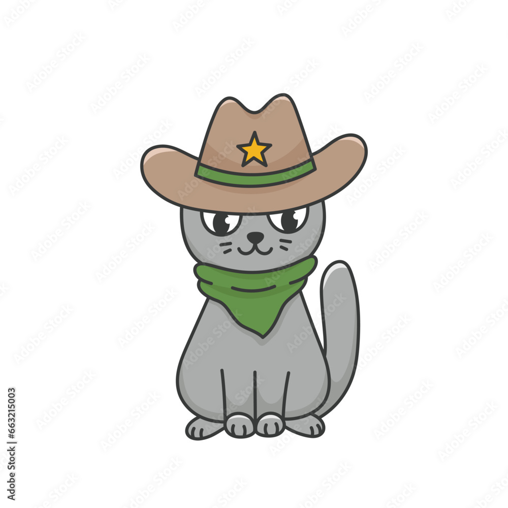 Cartoon cat cowboy in Western sheriff hat and bandana. Funny adorable ...