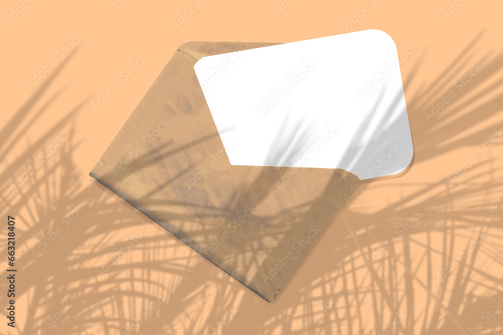 An envelope with sheet of textured white paper on yellow table ...