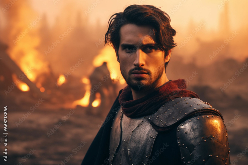Handsome Medieval Knight King on Battlefield, Looking at Camera ...
