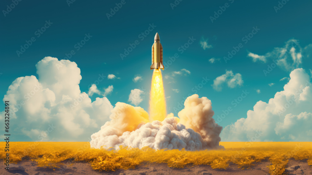 Rocket launching amidst a vibrant yellow flower field under a clear ...