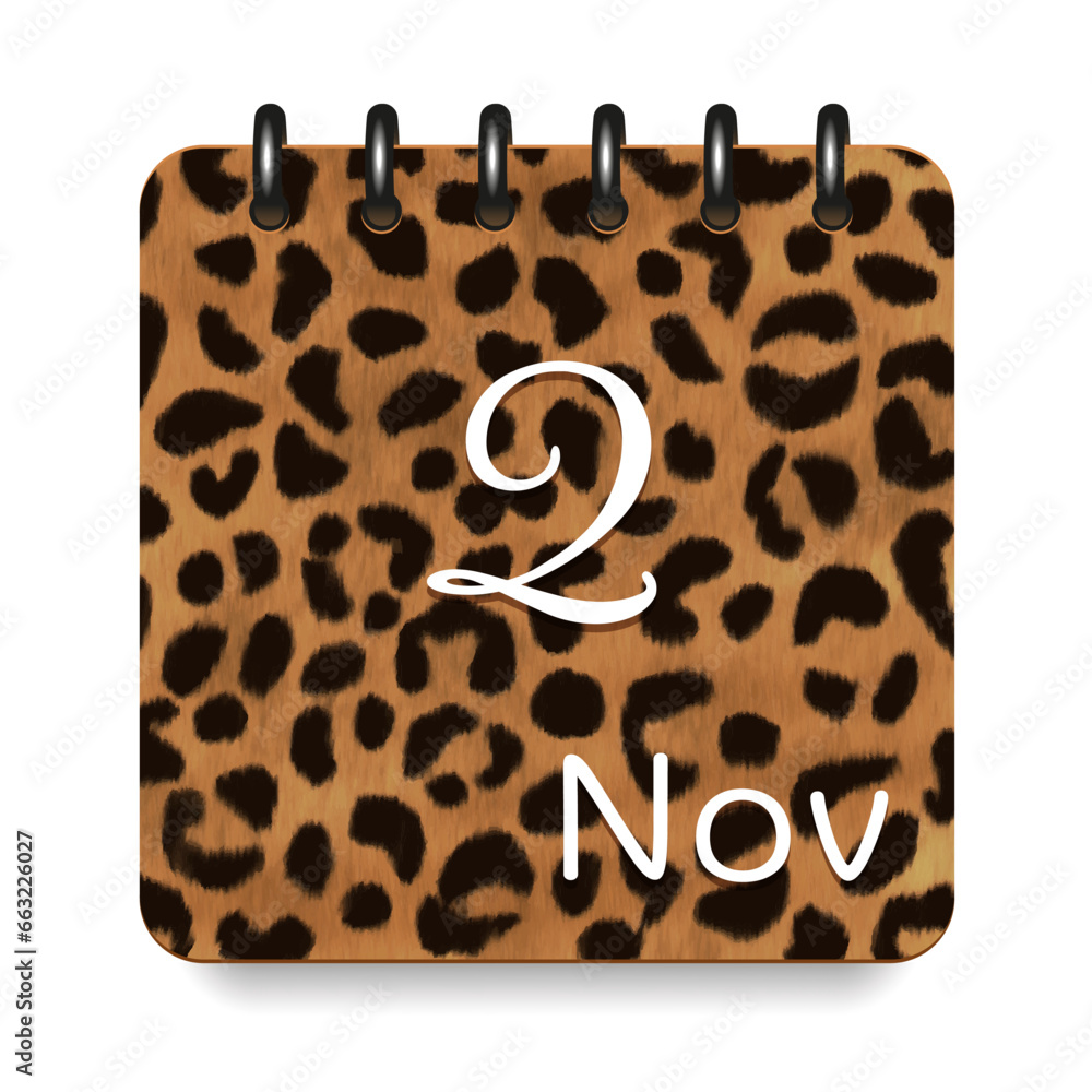 2 day of the month. November. Leopard print calendar daily icon. White ...