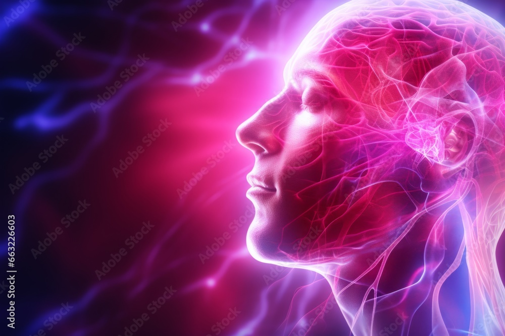 Human brain neuron connections neon illuminated body head medical x-ray ...