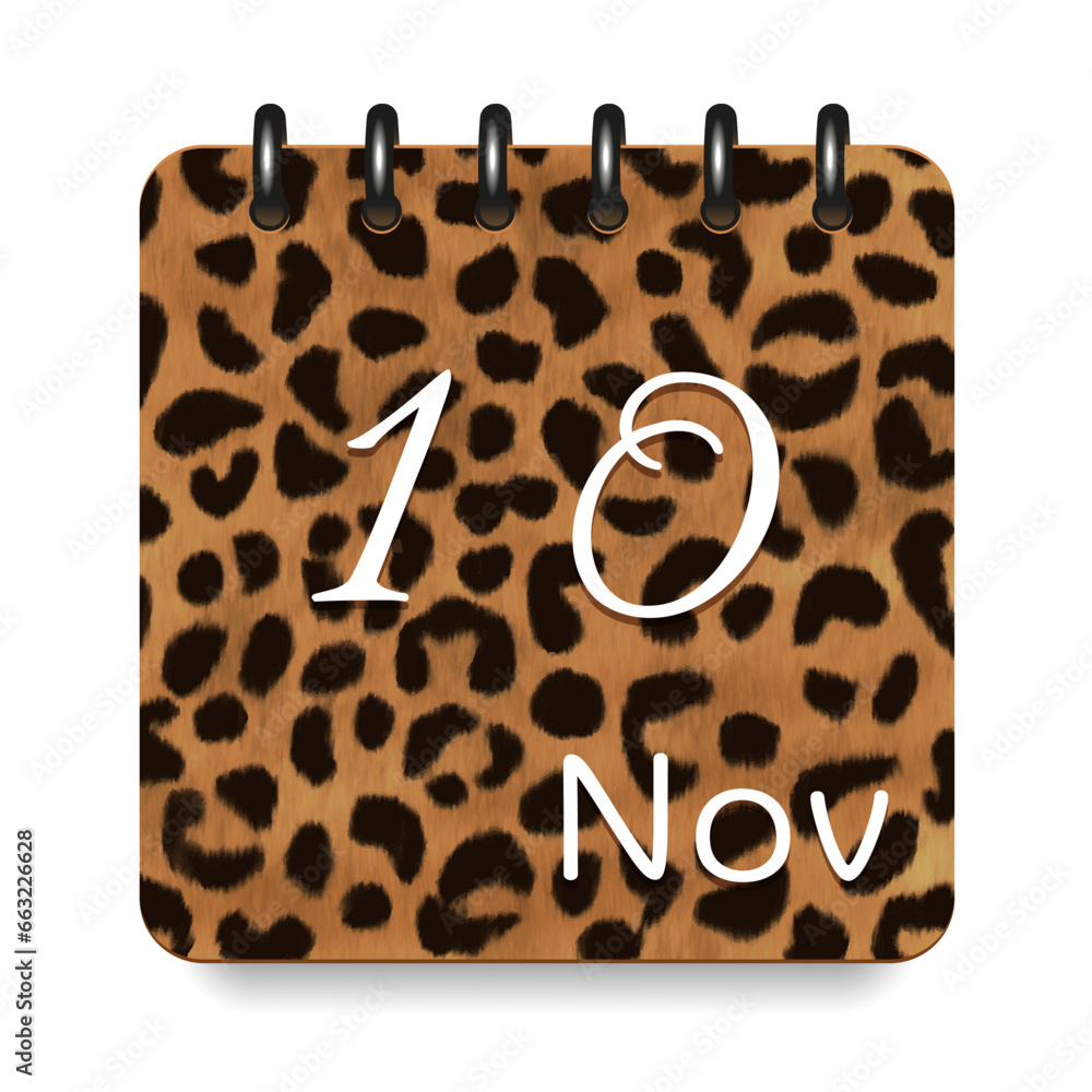 10 day of the month. November. Leopard print calendar daily icon. White ...