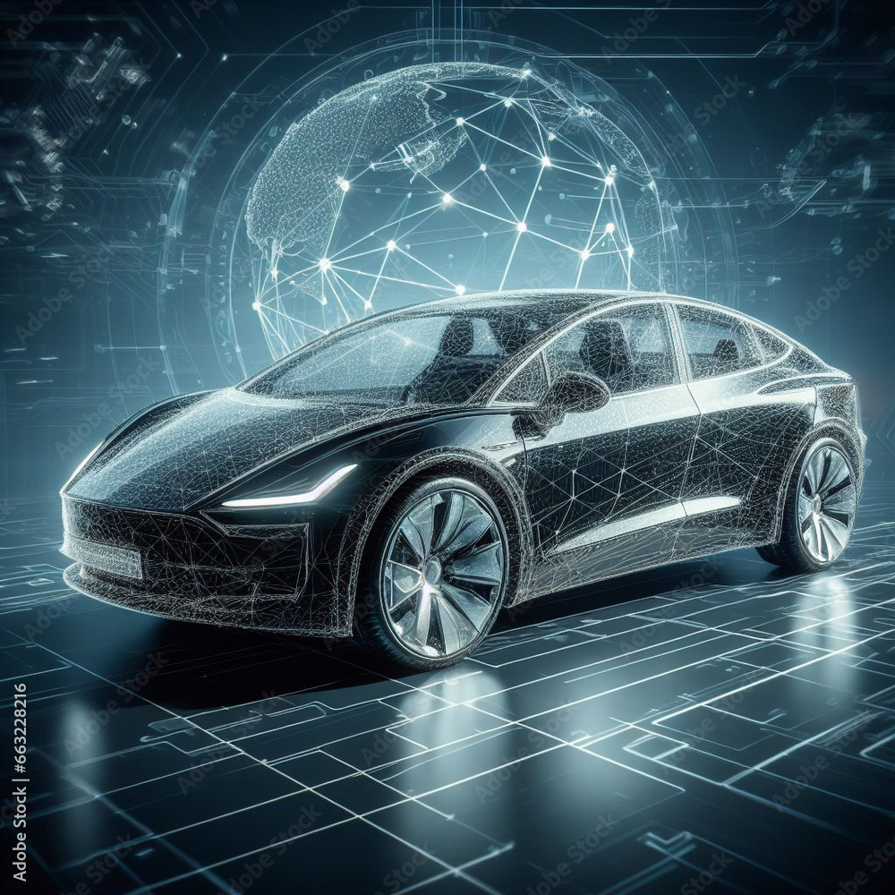 Futuristic black electric car with holographic wireframe digital ...