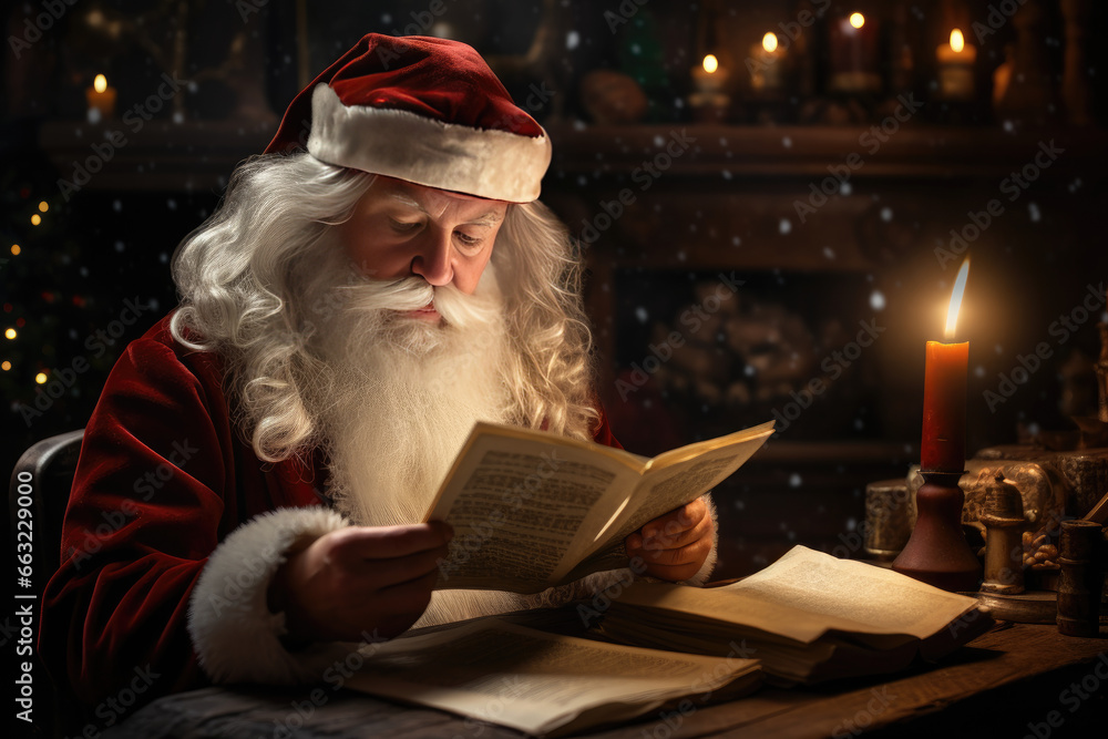 Santa Claus reading a letter with children wish list for Christmas ...