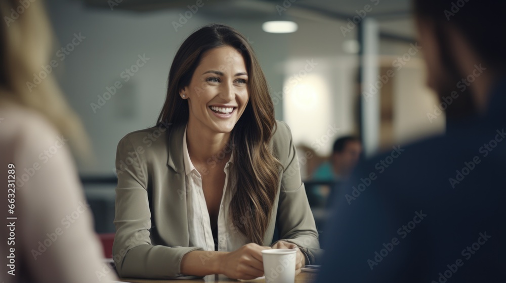 Happy mature middle 30s aged smiling lady boss manager teacher talking ...