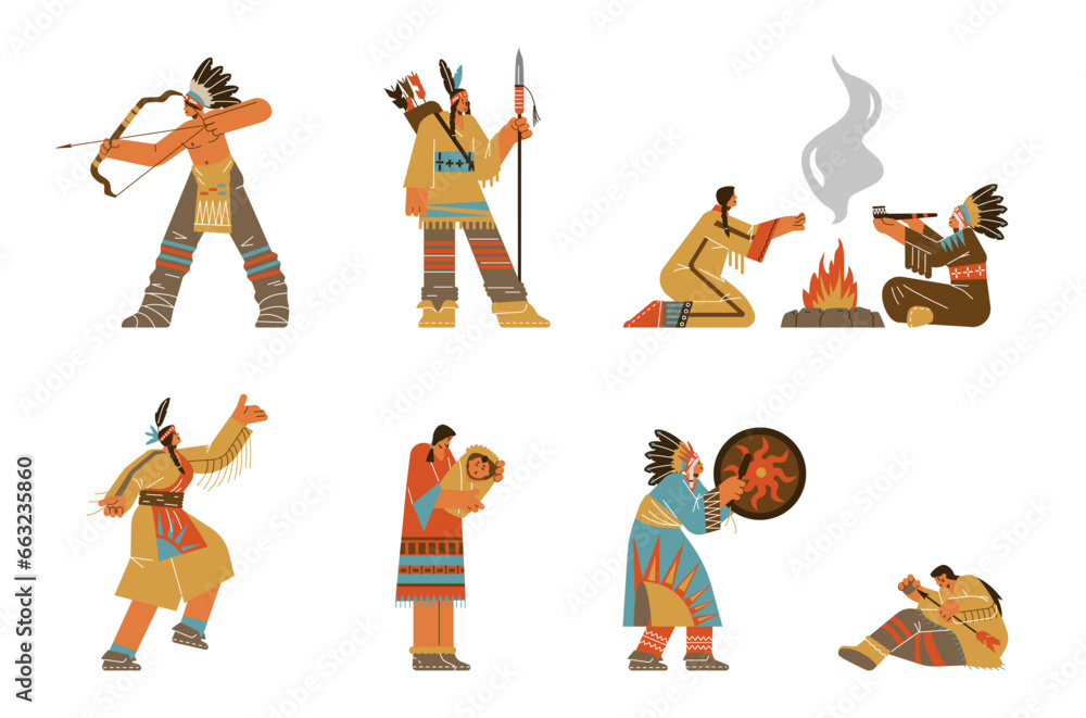 Native american tribe members in traditional Indian clothing, Vector ...