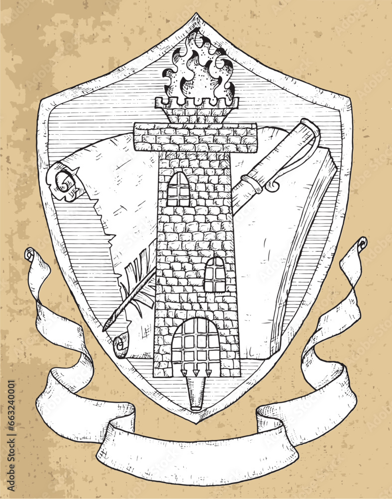 Black and white coat of arms with tower, book, banner and quill. Vector ...