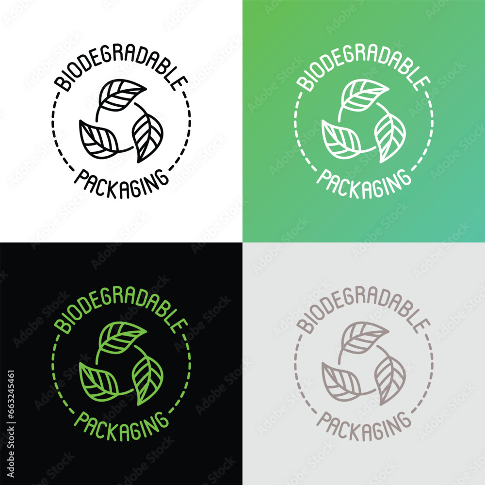 Biodegradable thin line icon for packaging. Leaves in circle. Symbol of ...