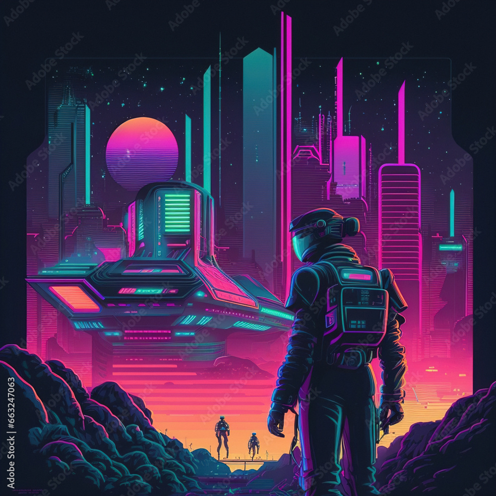 Neo-Retro Style: An illustration blending futuristic tech video games ...