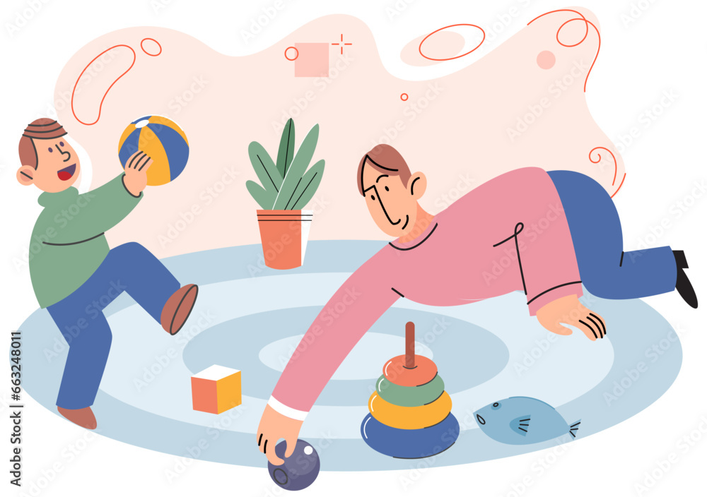 Dad playing with blocks and ball with his son. fun educational game in ...