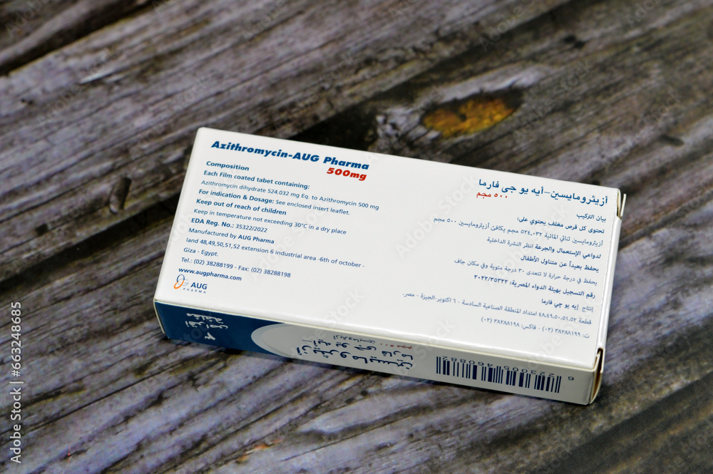 Cairo, Egypt, October 15 2023: Azithromycin 500mg tablets by AUG Pharma ...