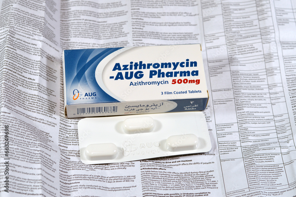 Cairo, Egypt, October 15 2023: Azithromycin 500mg tablets by AUG Pharma ...