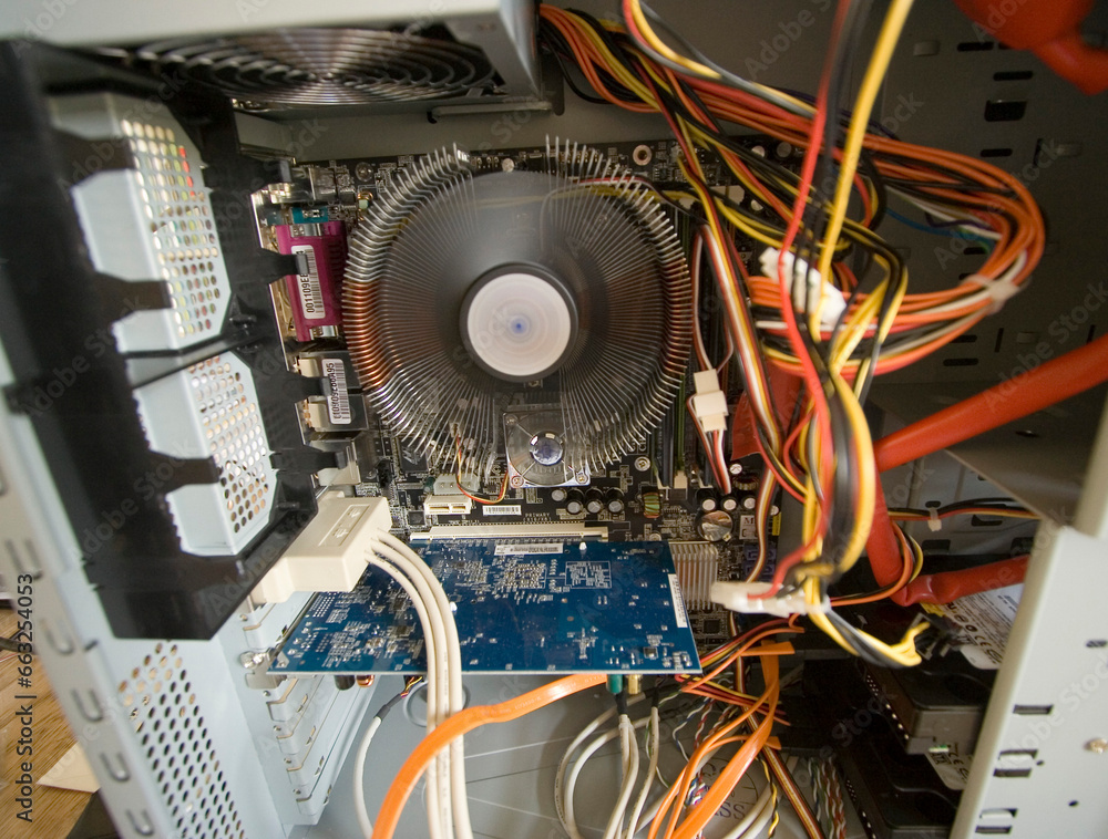 Closeup, computer hardware and cooling system with motherboard, RAM ...