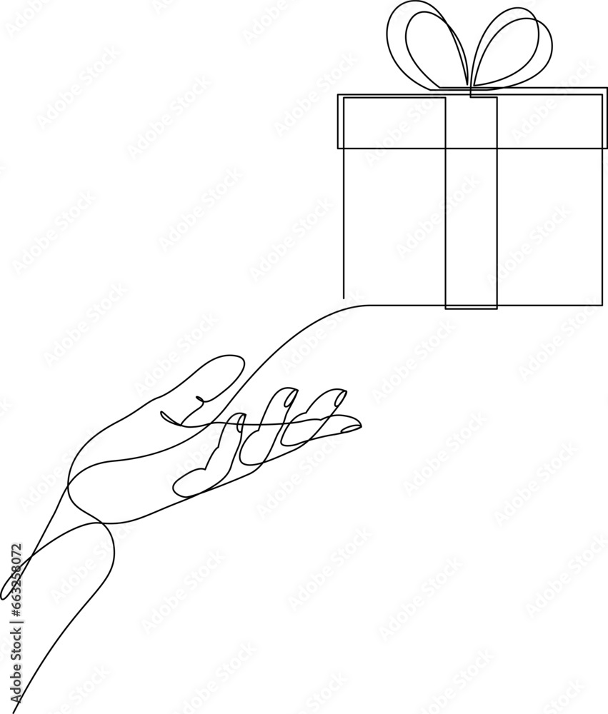 Human hand giving a gift box drawn by continuous line. One line art ...