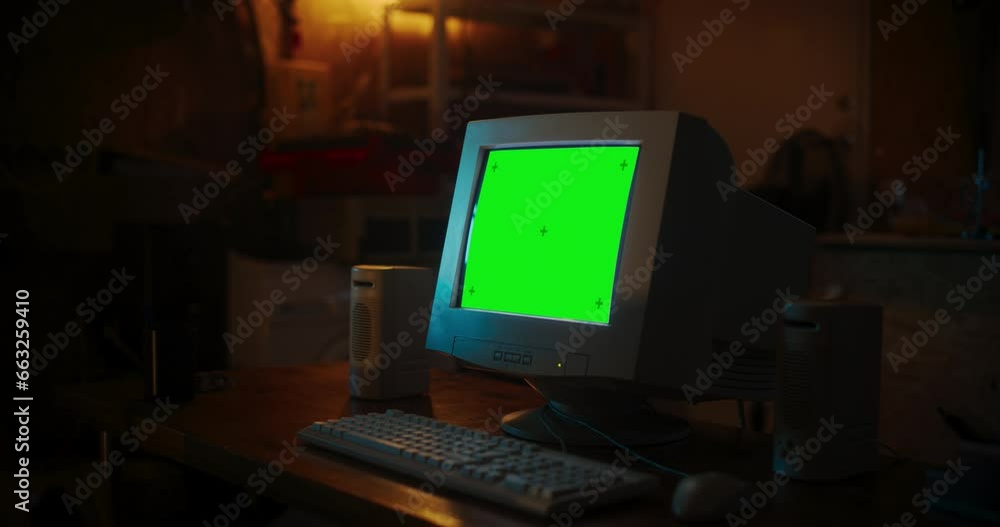 Empty Workplace Of Internet Enthusiast: Old Desktop Computer With Green ...