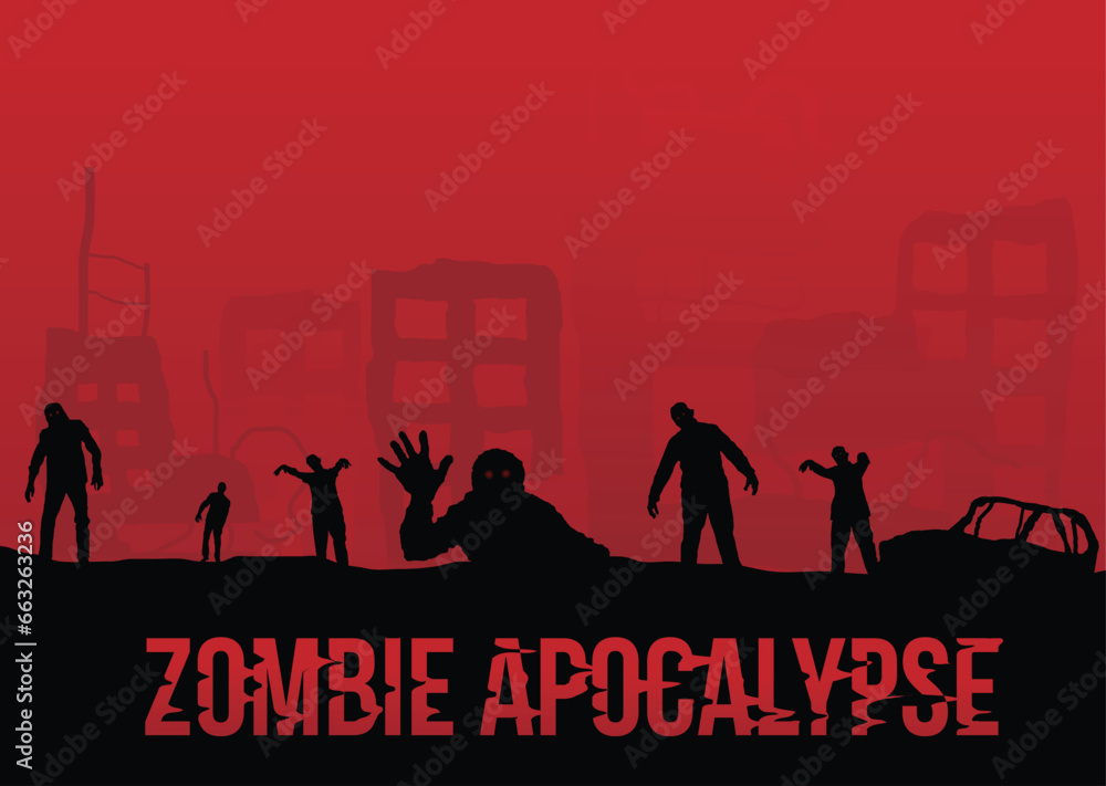 Crawling and Walking Zombie Apocalypse with Blood Red Background. A ...