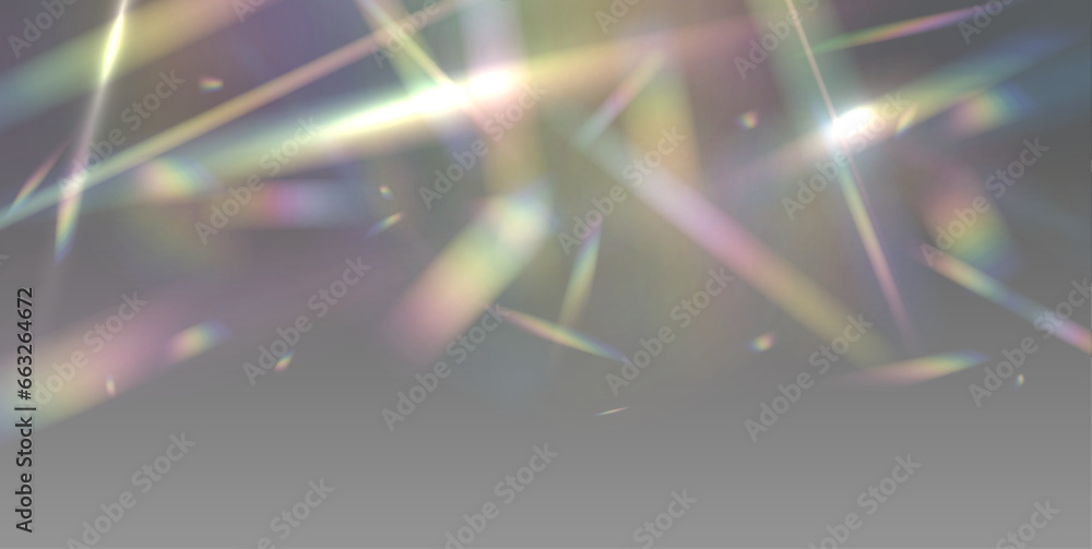 Crystal Rainbow Light Effects. Overlay for backgrounds.Triangular prism concept. Light streak ...