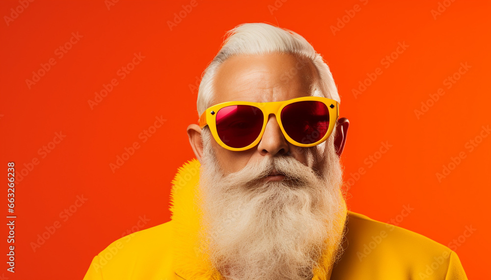 Portrait of a cool old man wearing warm clothes and sunglasses on ...