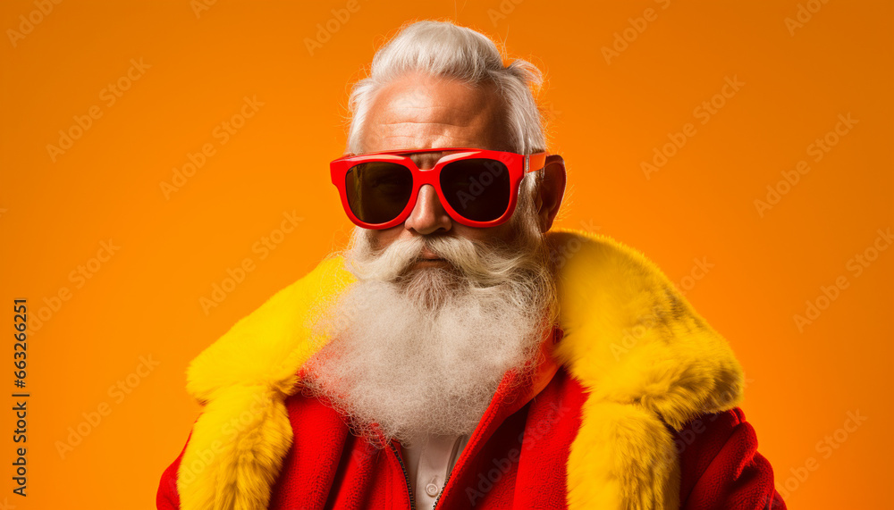 Portrait of a cool old man wearing warm clothes and sunglasses on ...