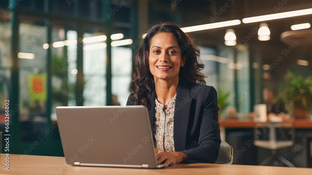 Indian business woman sitting in office using laptop with smiling face ...