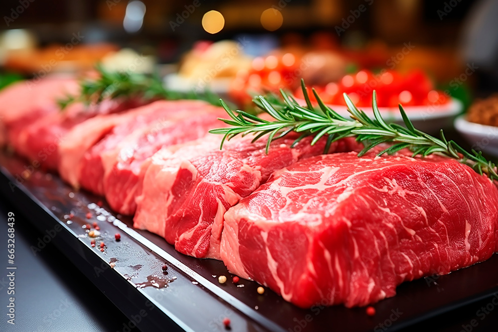 Different cuts of fresh raw red meat in supermarket, beef, pork ...