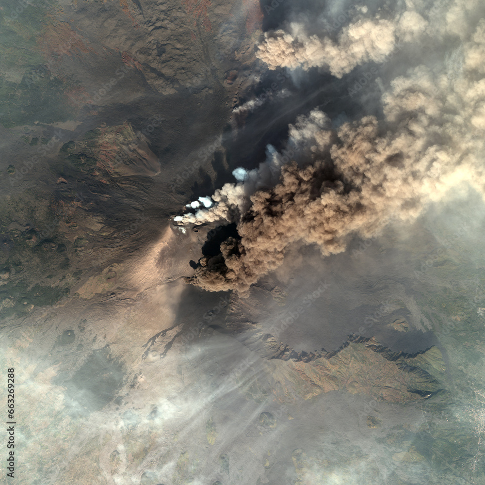 Volcano, aerial landscape and environment with satellite image and ...