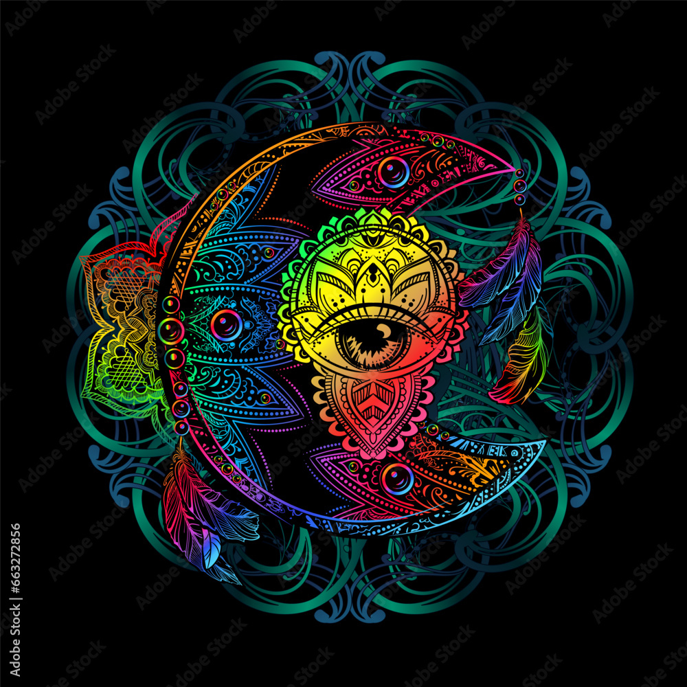 Boho chic tattoo design. Golden crescent moon and sun with elements of ...