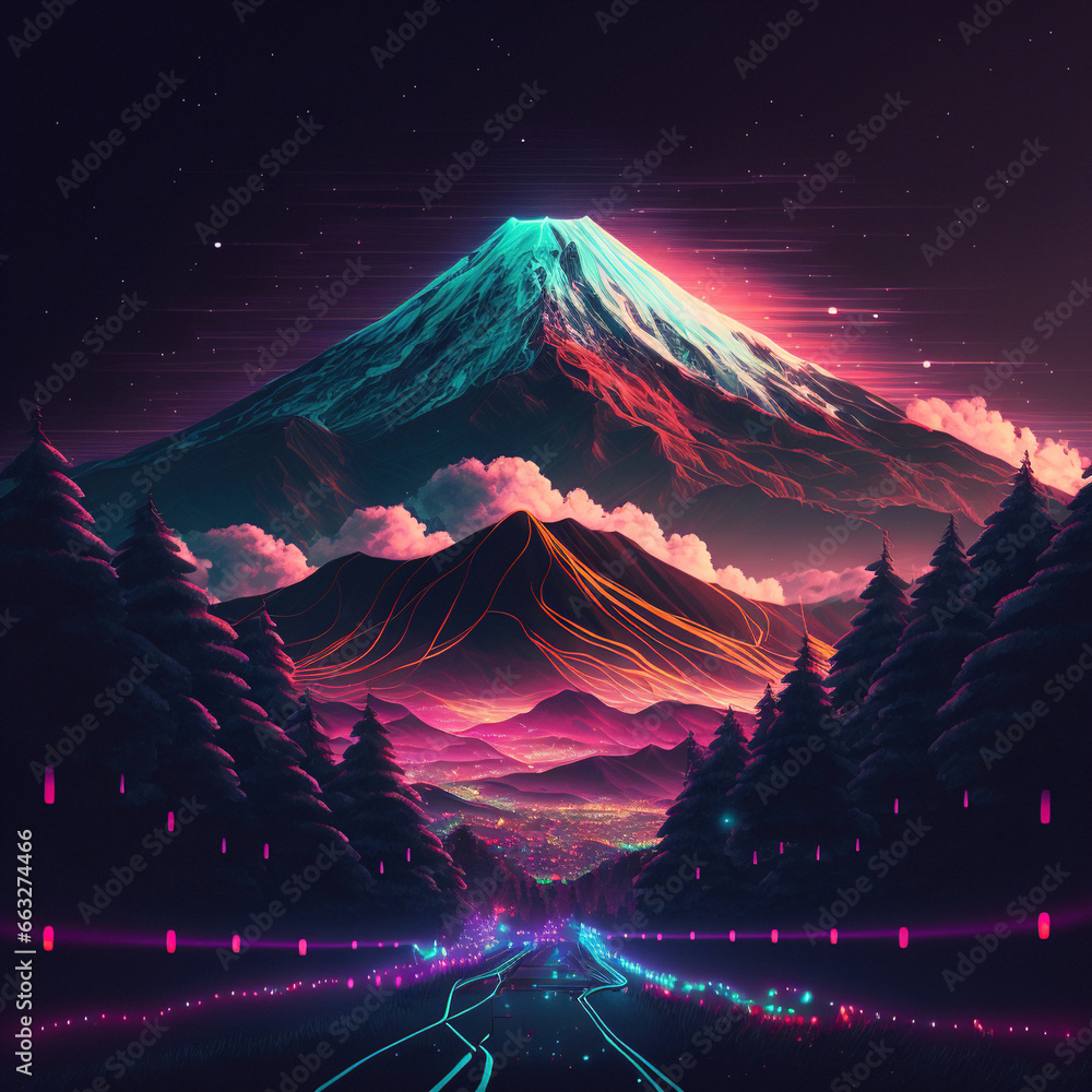 Neon Hotline Style Artwork of Mountain, Visual Aesthetic Stock ...