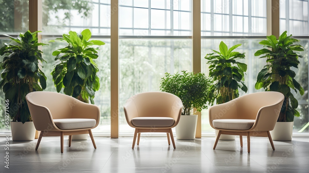 Bright, modern and stylish waiting room in green office. Wooden chairs ...