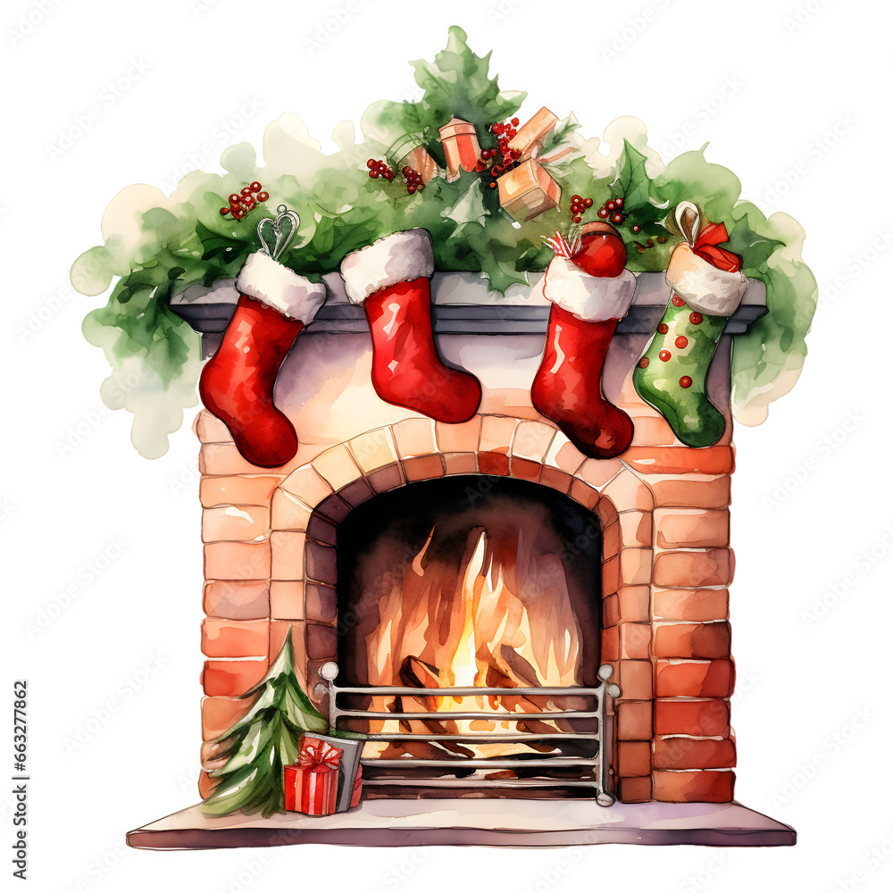 Cozy Christmas Fireplace with Stockings, watercolor clip art isolated ...