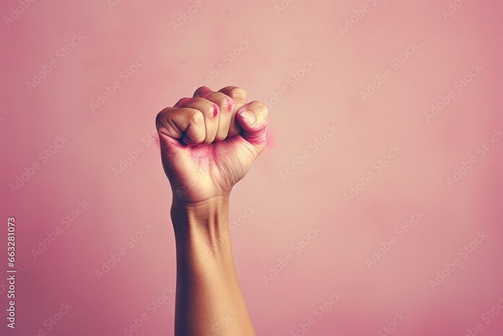 Female fist, gender female sign on pink background. Woman showing fist ...