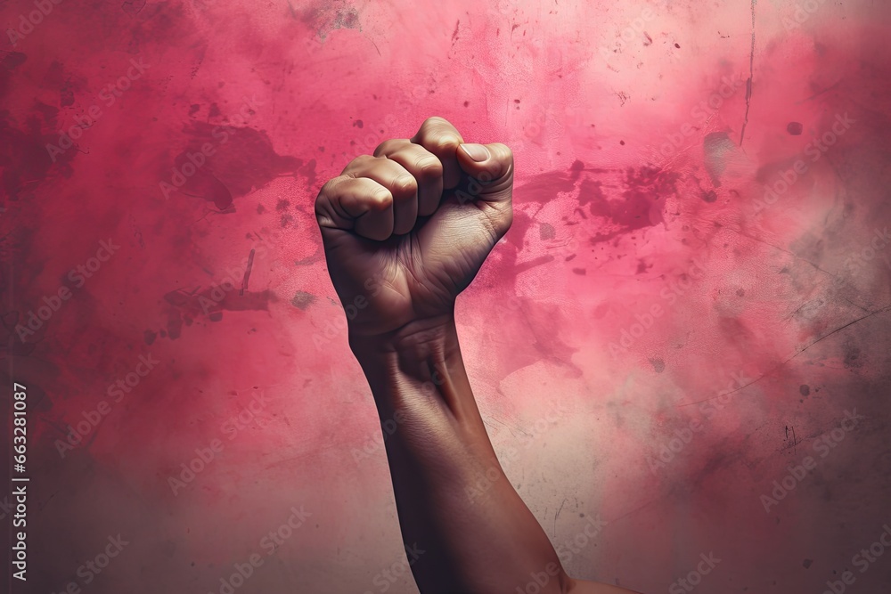 Female fist, gender female sign on pink background. Woman showing fist ...