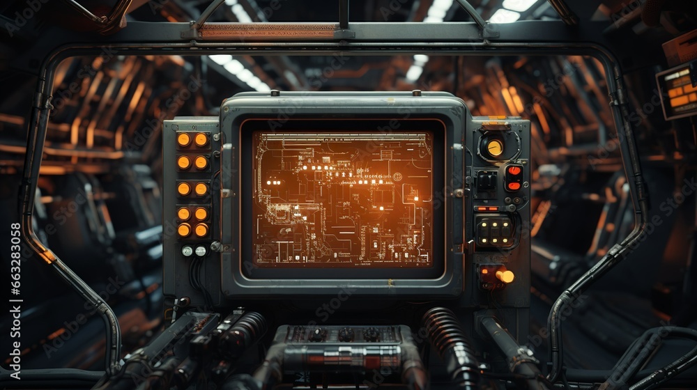 Sci-fi monitor frame and buttons in dieselpunk exoskeleton environment ...