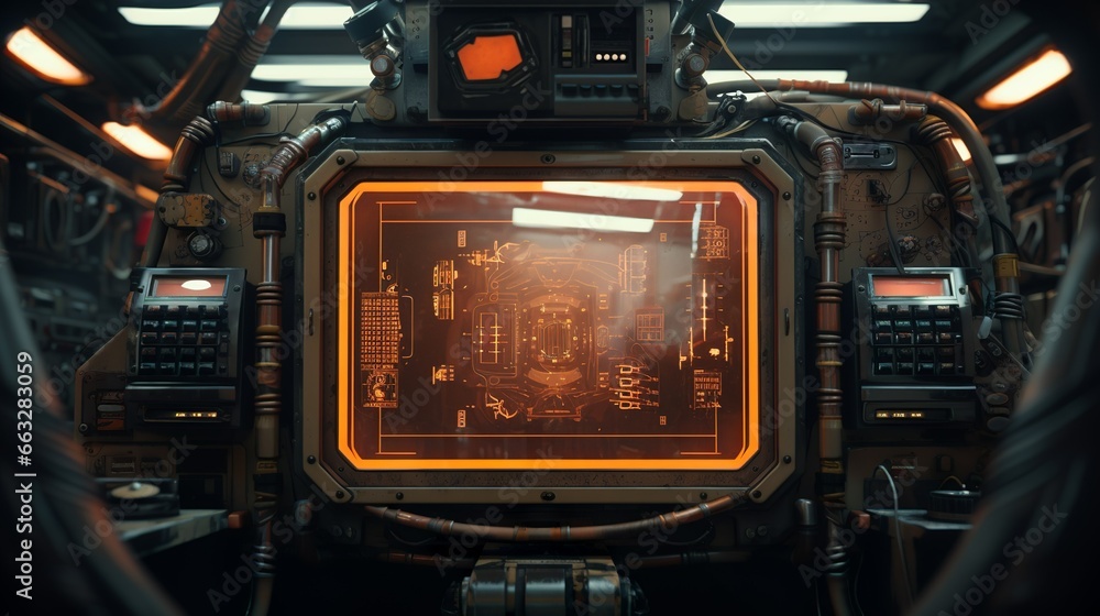 Sci-fi monitor frame and buttons in dieselpunk exoskeleton environment ...