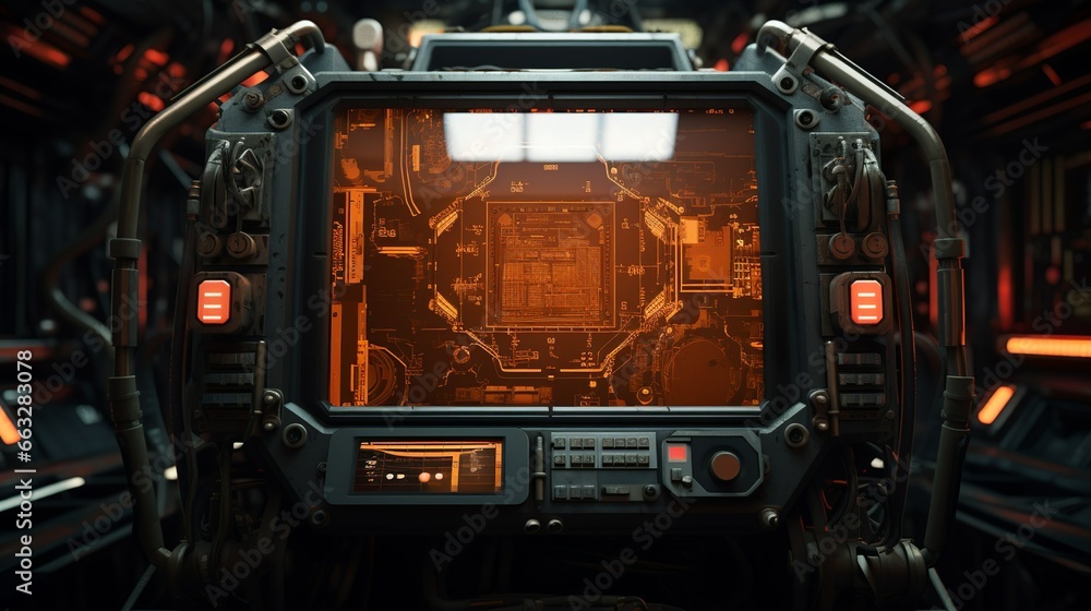 Dieselpunk sci-fi monitor screen metallic frame with led buttons Stock ...