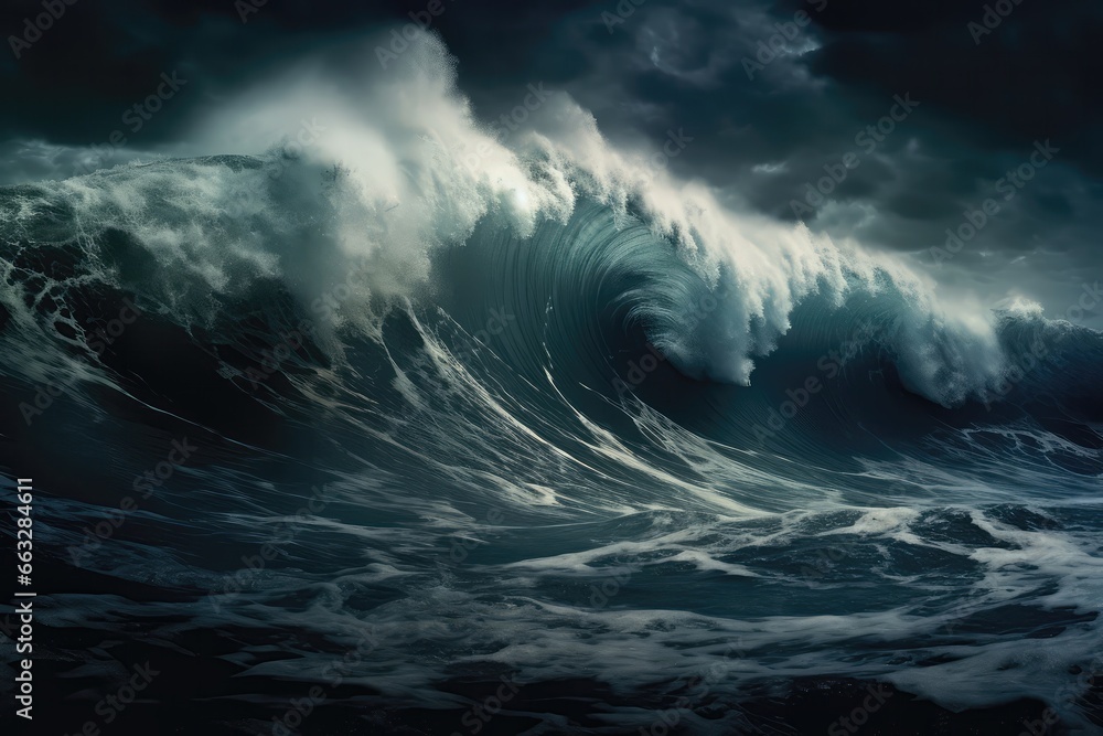 Giant Tsunami Waves Under Dark Stormy Sky, Portraying Perfect Storm ...