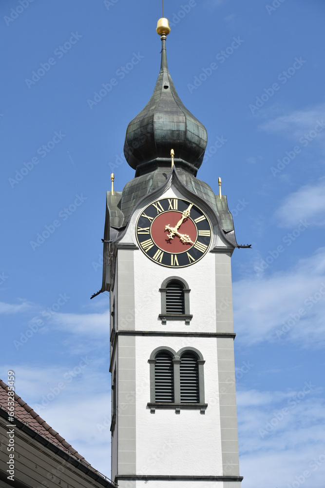 Church Clock Tower and Onion Dome Portrait in Huttwil, Switzerland ...