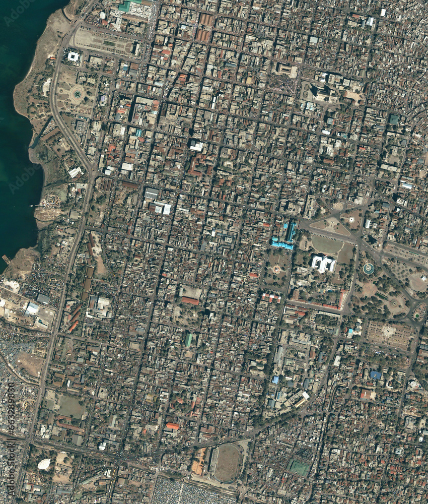 Foto de Aerial drone, city map and satellite view of urban road ...