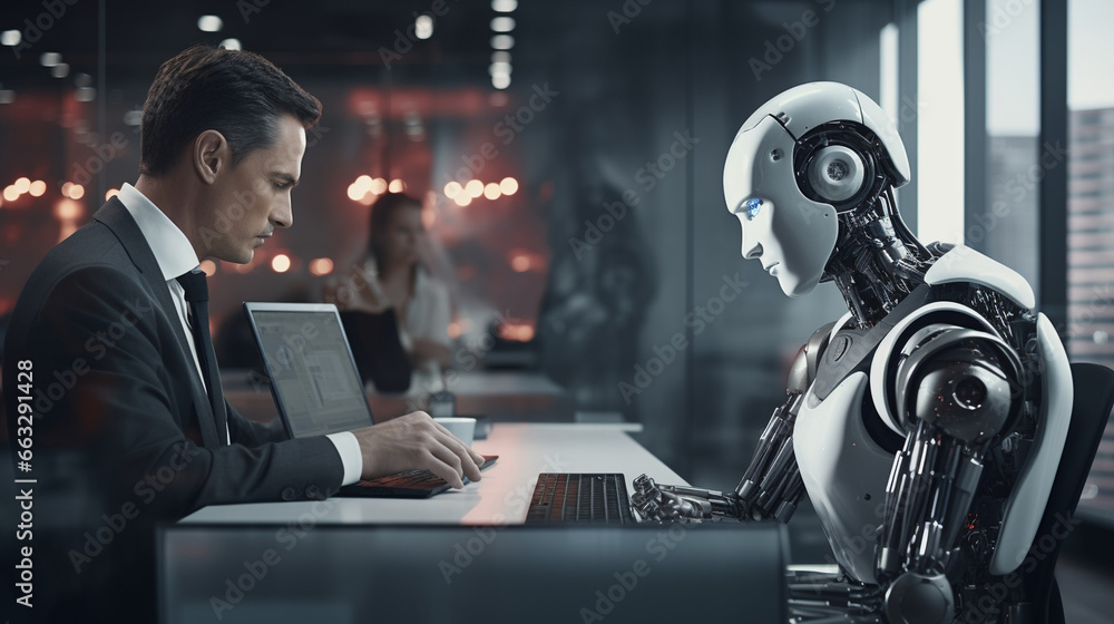 Amid the daily routine of an office, a humanoid robot assistant aids a ...